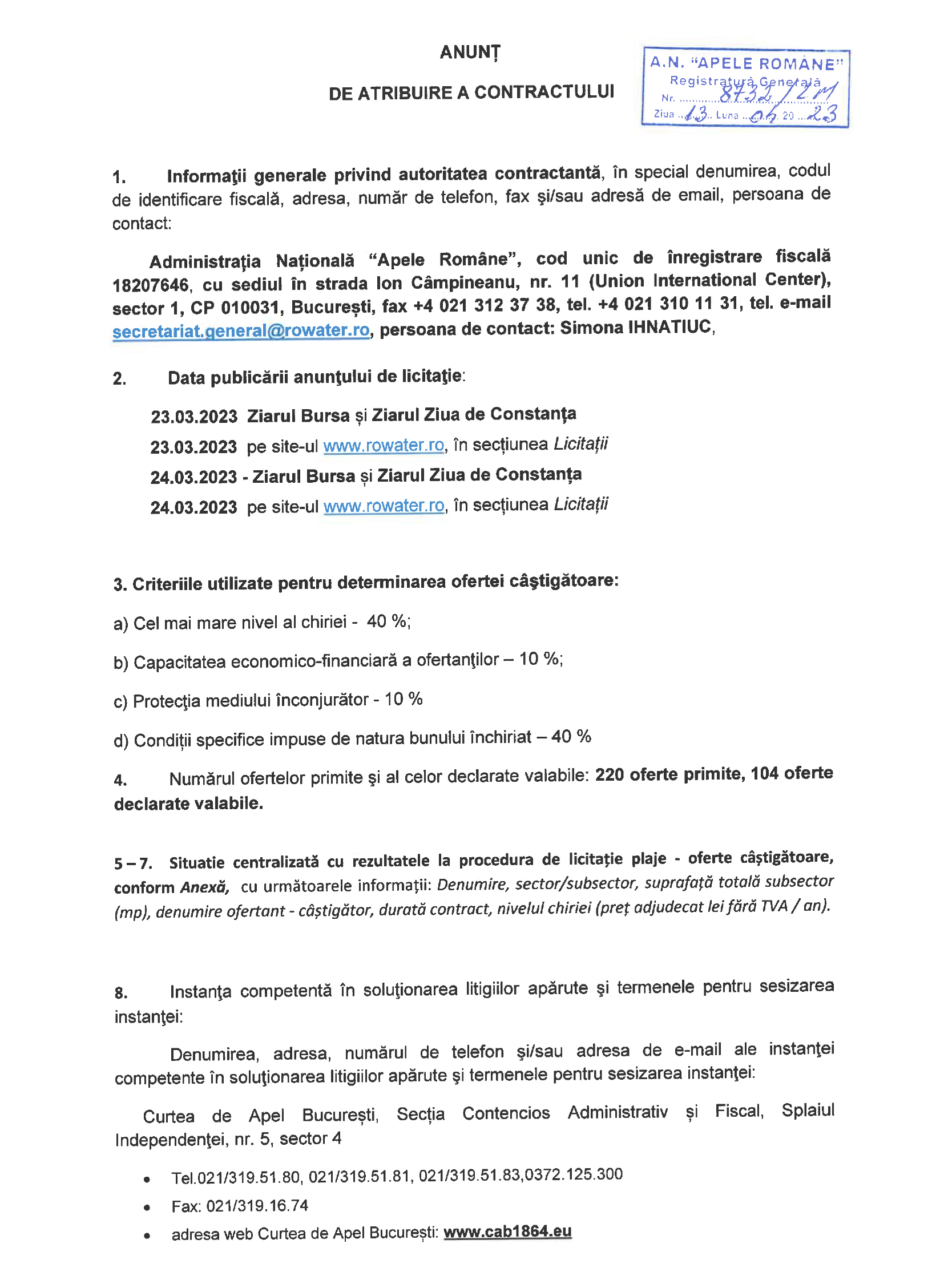 Anunț: Autoritatea Națională „Apele Române” lansează anunț de atribuire a unui contract